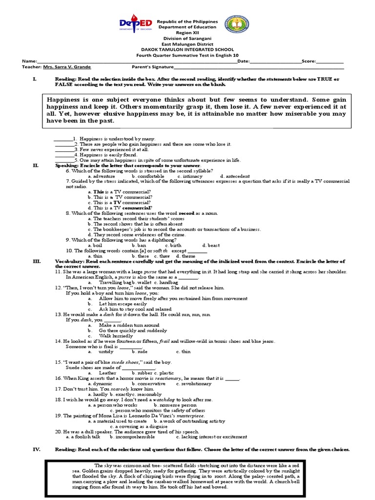 2021 Fourth Quarter Summative Test in Grade 10 | PDF | English Language