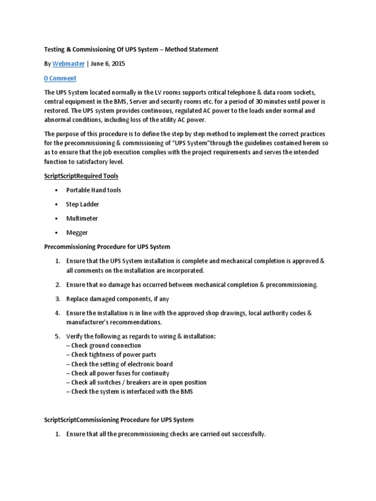 Webmaster 0 Comment Testing And Commissioning Of Ups System Method