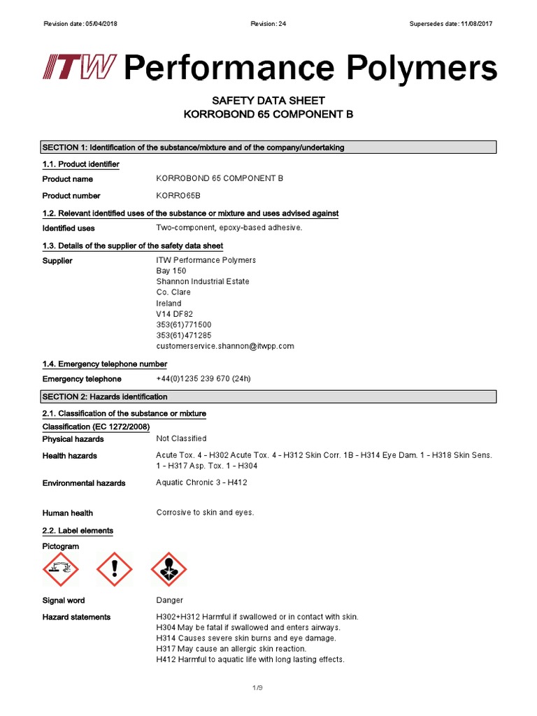 Safety Data Sheet Korrobond 65 Component B: Revision Date: 05/04/2018 ...