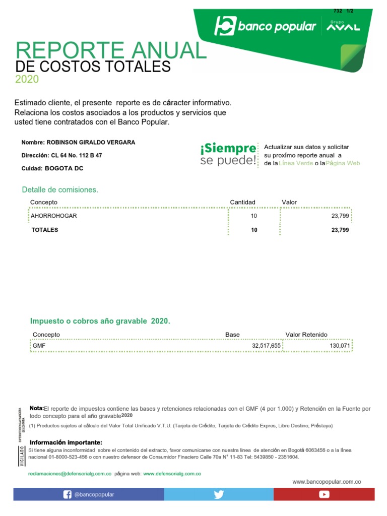 Reporte Anual: de Costos Totales | PDF | Tarjeta de crédito | Tarjeta de débito