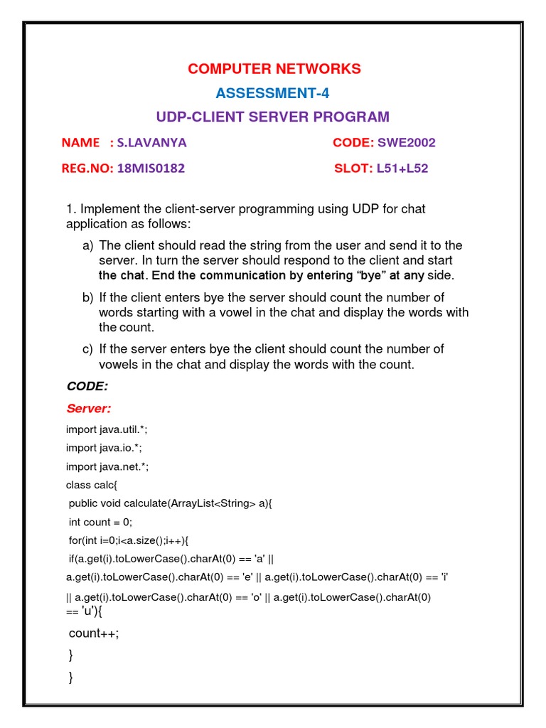 Udp-Client Server Program S.Lavanya 18MIS0182: Computer Networks | PDF | Server (Computing ...
