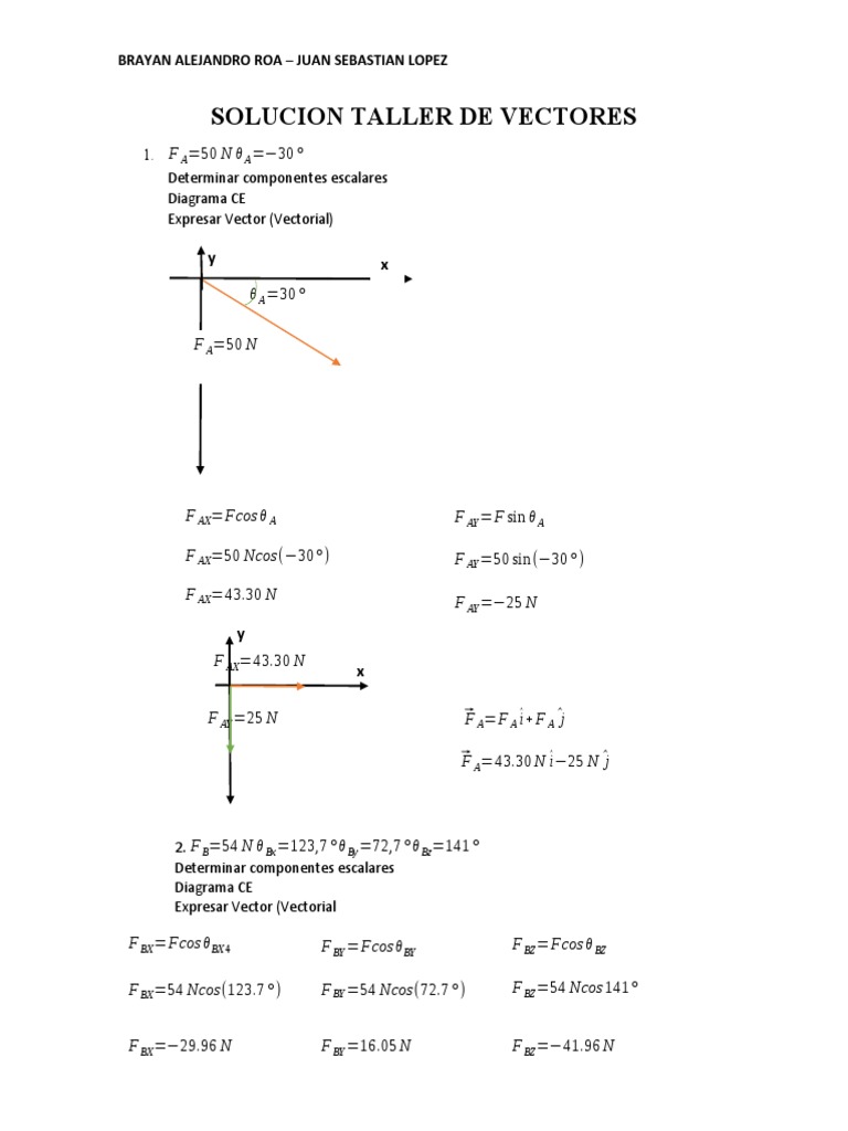 Solucion Taller de Vectores: 1. Determinar Componentes Escalares ...