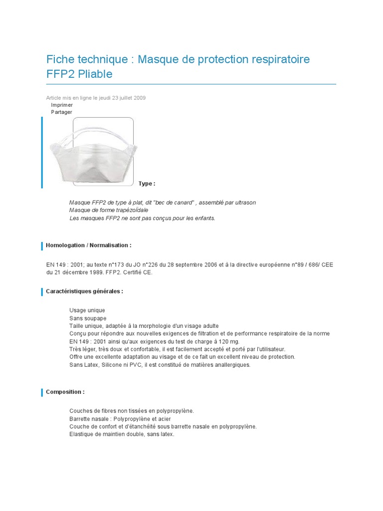 Fiche Technique - Masque de Protection Respiratoire FFP2 Pliable | PDF | Technologie et ingénierie