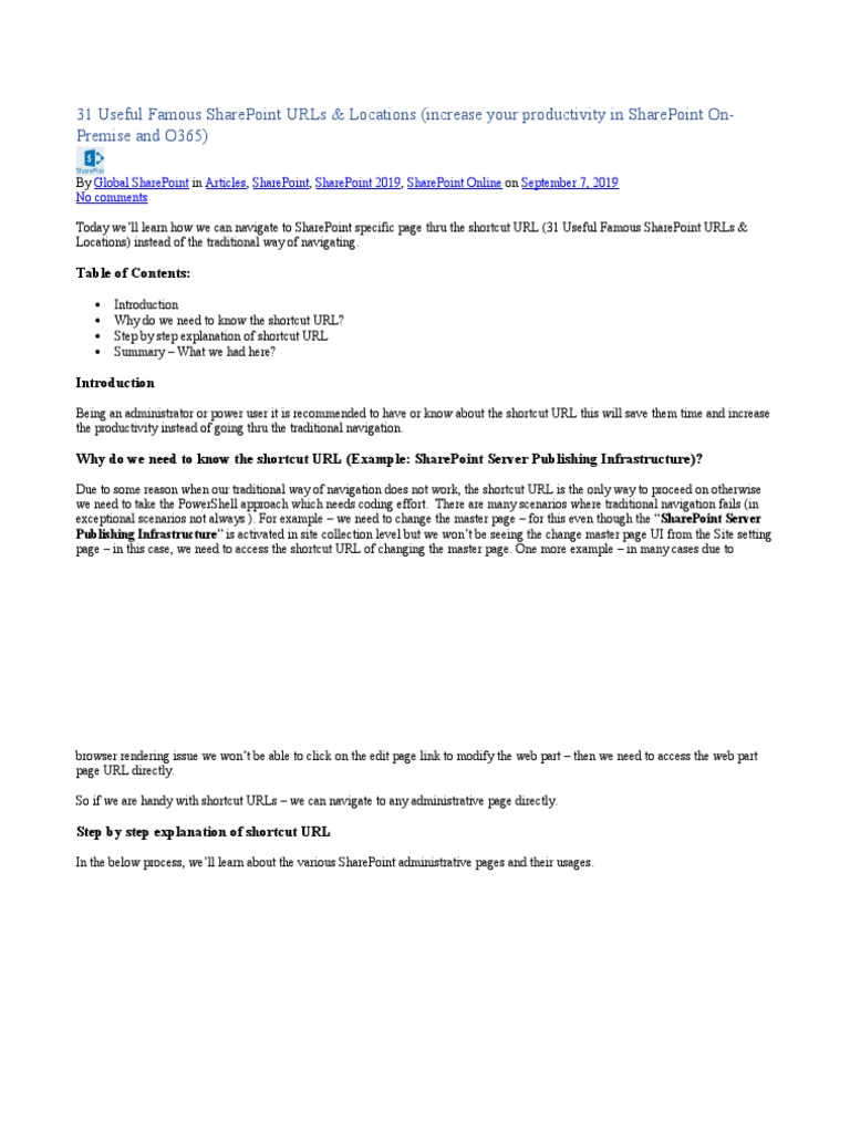 Essential SharePoint Shortcut URLs | PDF | Share Point | Internet & Web