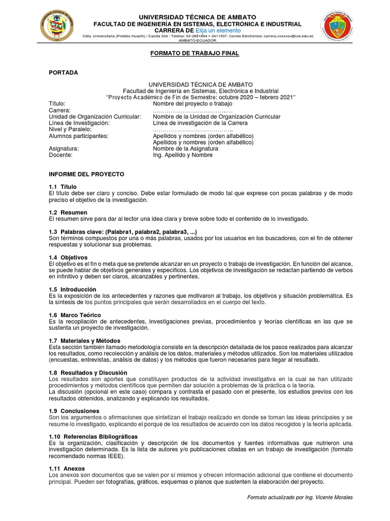 Formato de Trabajo o Proyecto Final (Actualizado) | PDF | Teoría | Análisis