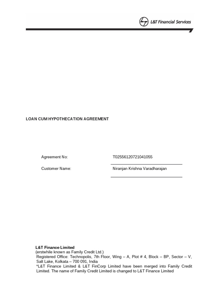 Loan Cum Hypothecation Agreement: L&T Finance Limited (Erstwhile Known ...