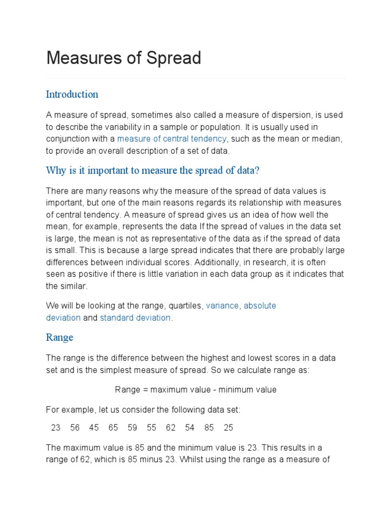 Measures of Spread: Measure of Central Tendency | PDF | Variance | Mean