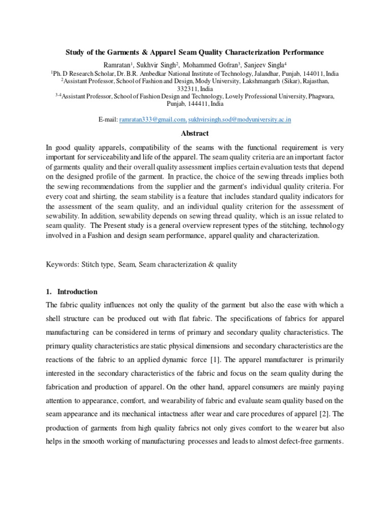 Study of The Garments & Apparel Seam Quality Characterization ...