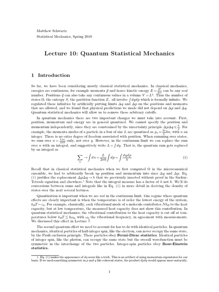 Lecture 10: Quantum Statistical Mechanics: DQDP Which Is Formally ...