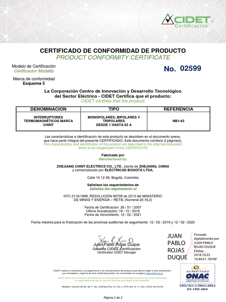 Certificado Mini Breakers Chint | PDF