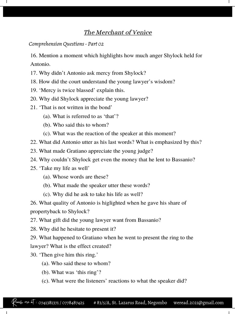 Comprehension Questions from The Merchant of Venice: Insights into Key ...