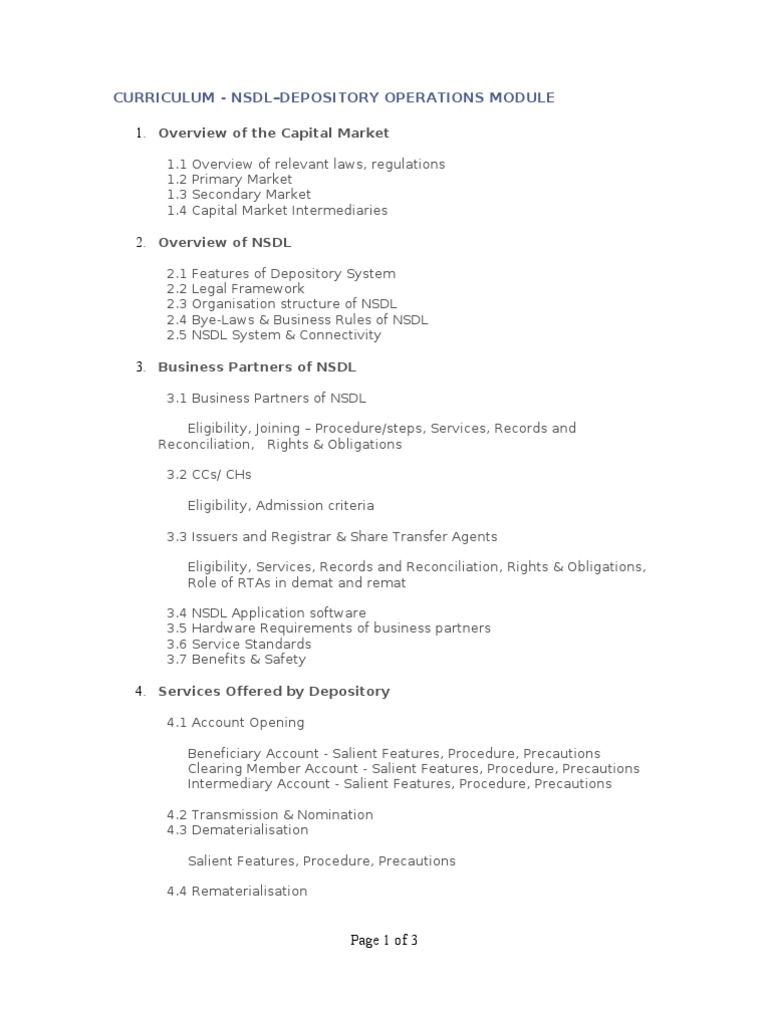 Curriculum - Nsdl-Depository Operations Module: Overview of The Capital Market | PDF ...