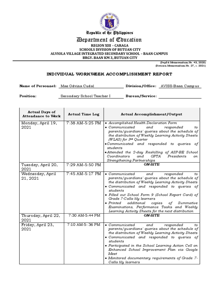 Department of Education: Individual Workweek Accomplishment Report ...