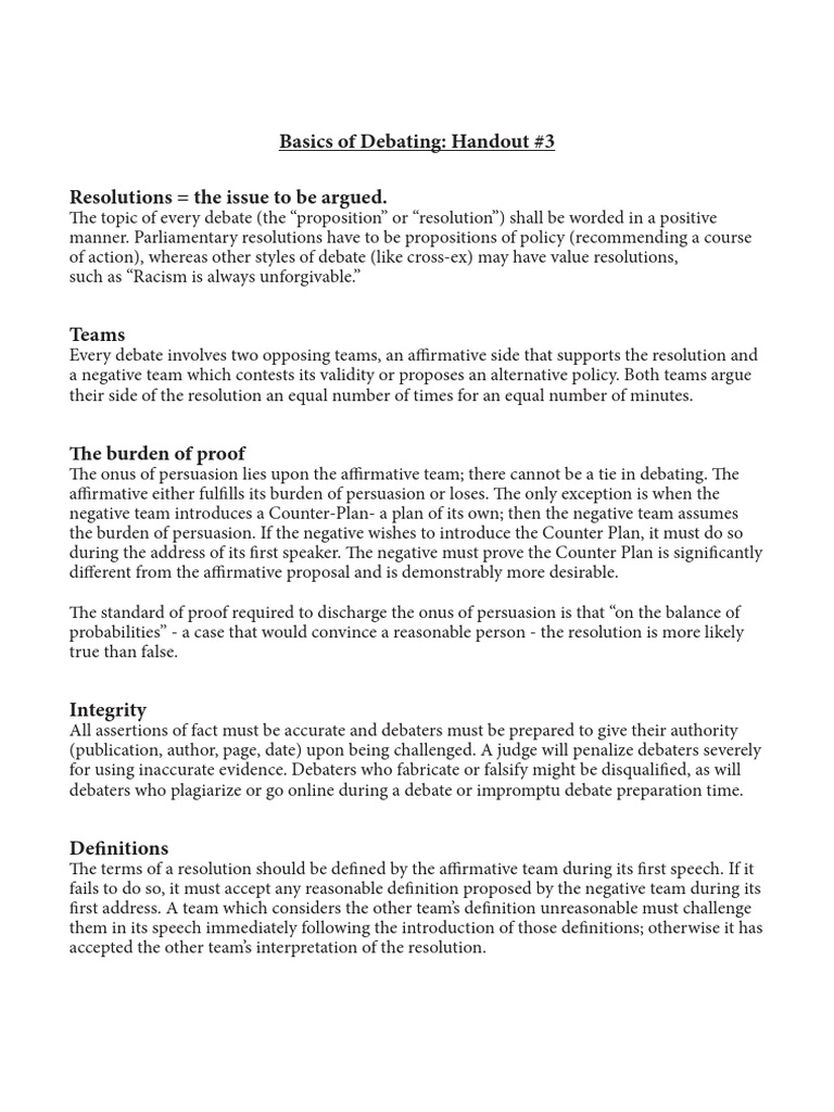 Basics of Debate Handout | PDF | Burden Of Proof (Law) | Policy