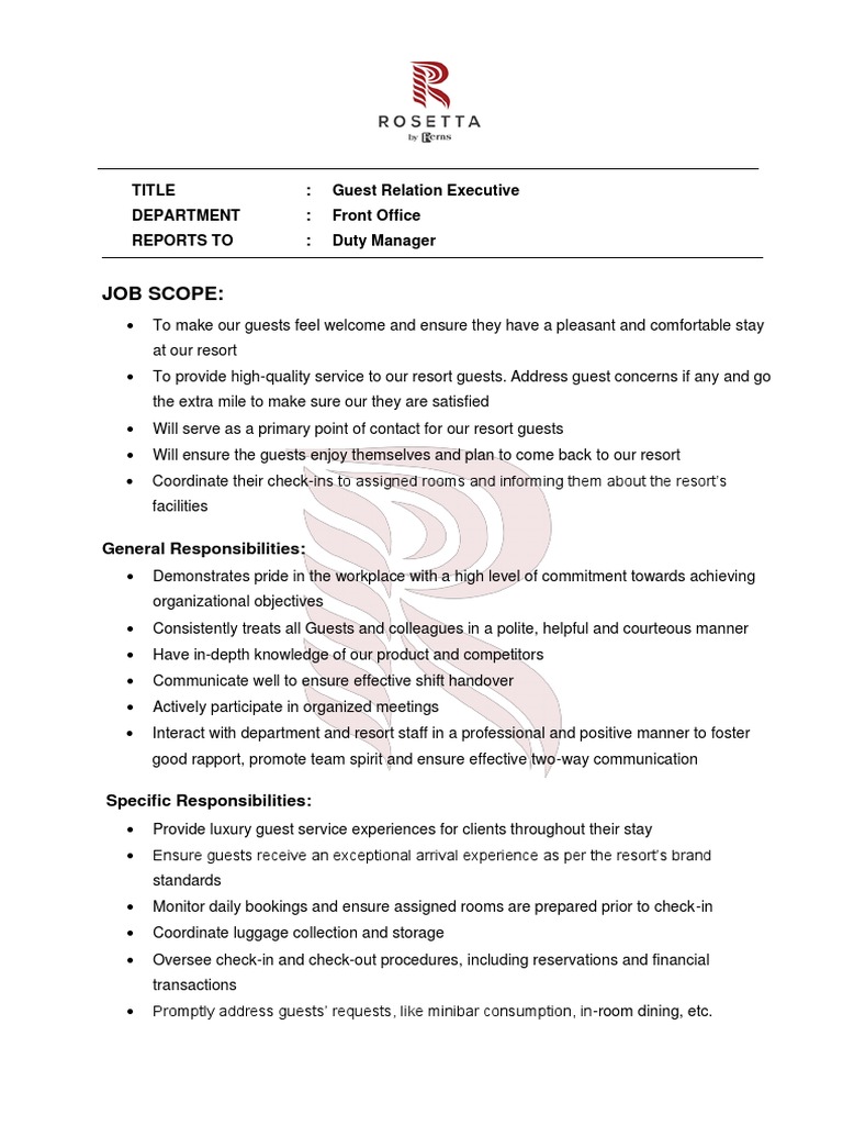 Guest Relation Executive Job Description | PDF | Human Nature | Business