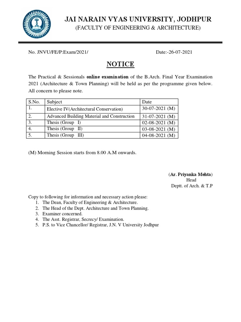 The Practical & Sessionals Online Examination of The B.Arch. Final Year Examination 2021 | PDF