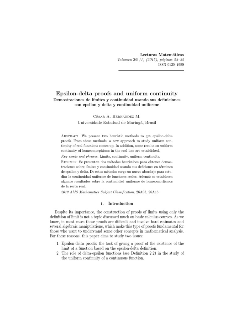 Epsilon-Delta Proofs and Uniform Continuity: Universidade Estadual de Maring A, Brasil | PDF ...