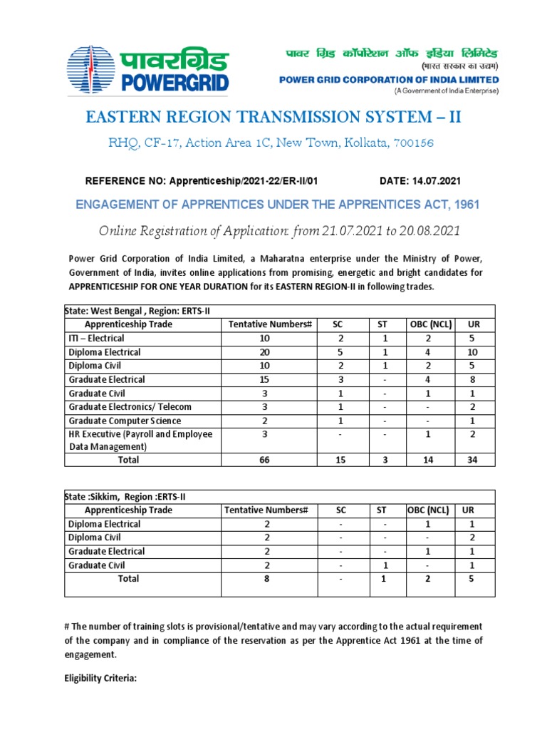 PGCIL Apprentice Notification 2021 ER II | PDF | Apprenticeship ...