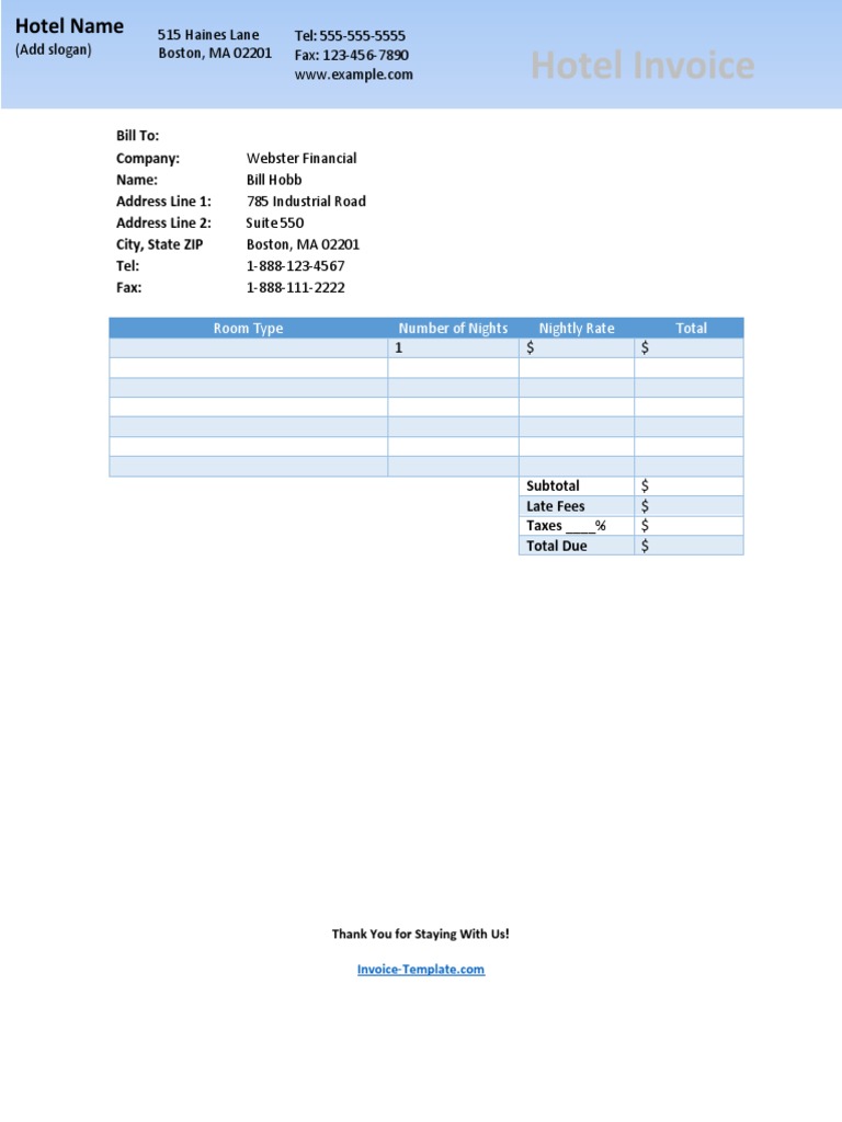 Hotel Invoice: Bill To: Company: Name: Address Line 1: Address Line 2 ...