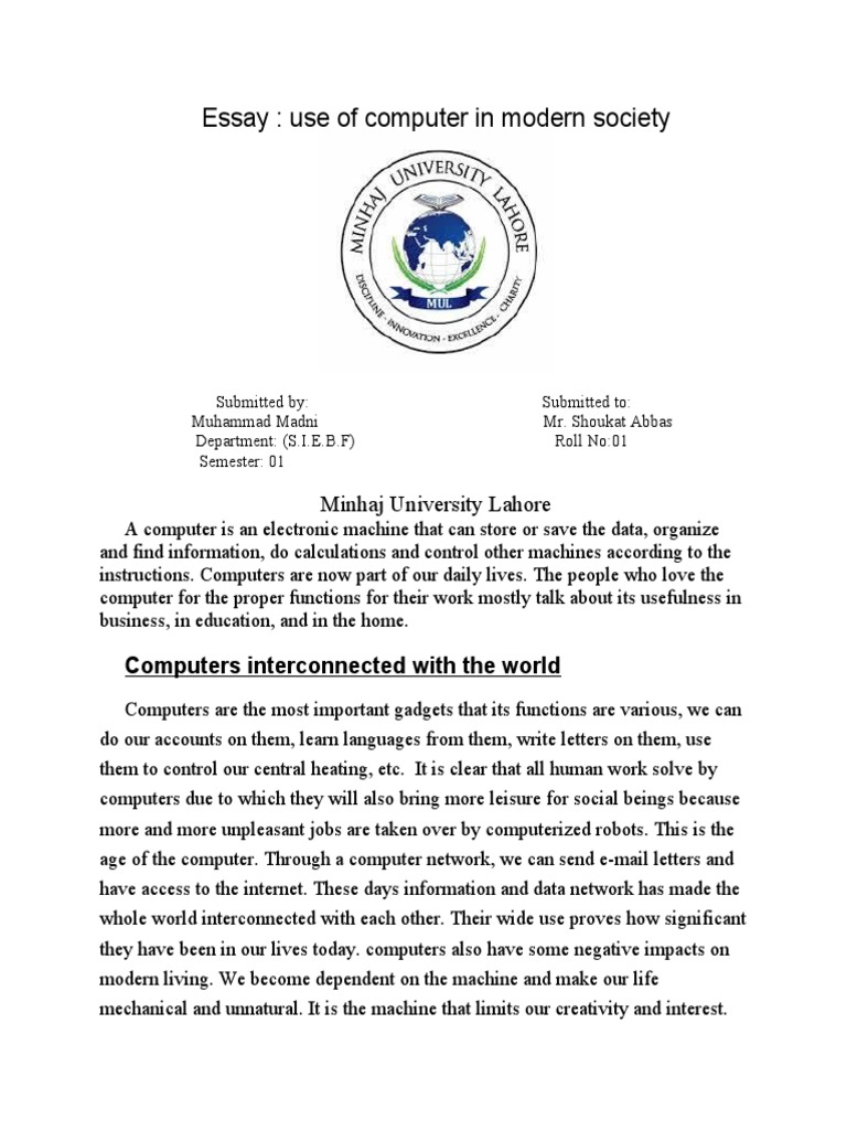 Use of Computers in Modern Society Assignment | PDF