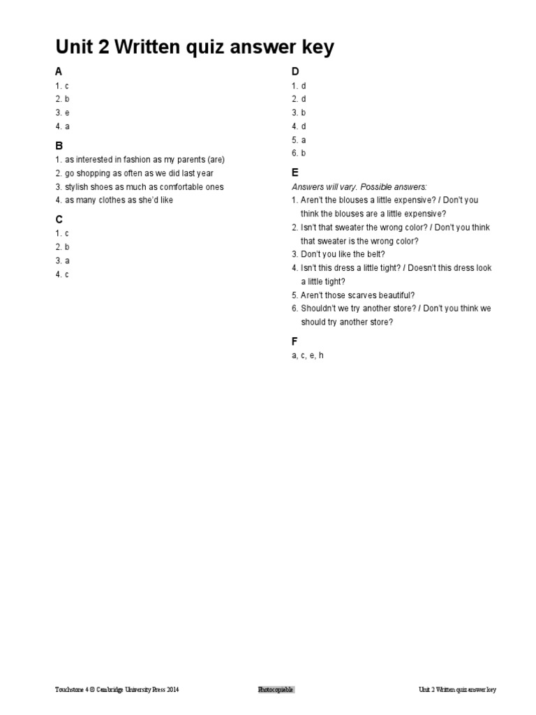 4 Unit 2 Written Quiz Answer Key | PDF