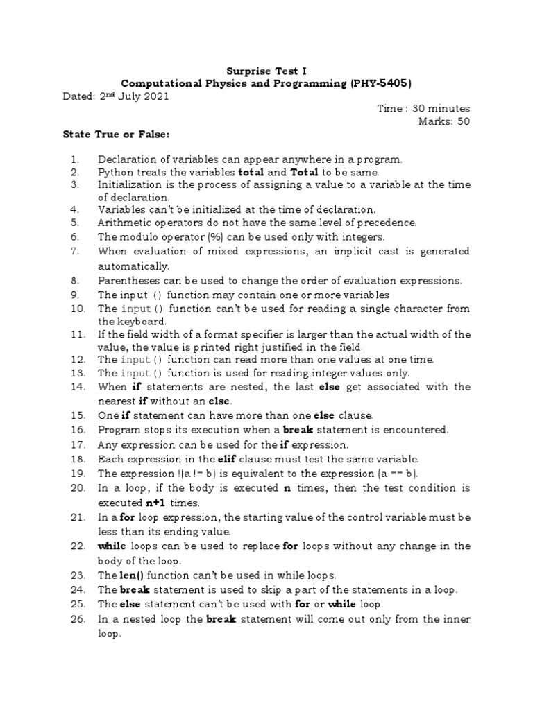 Surprise Test I Computational Physics and Programming (PHY-5405 ...