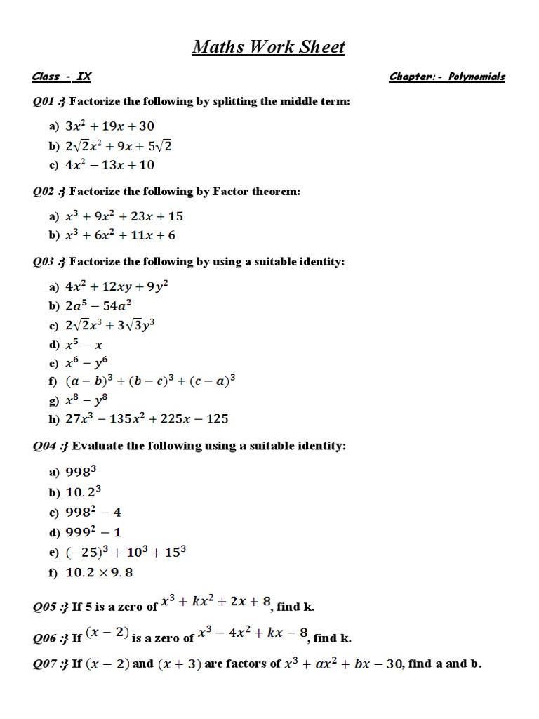 CBSE Class 9 Mathematics Worksheet - Polynomials | PDF