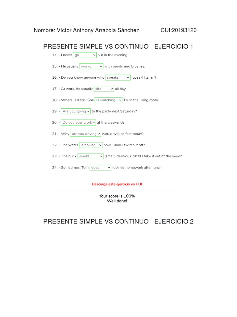 Ejercicios: Presente Simple vs Continuo | PDF