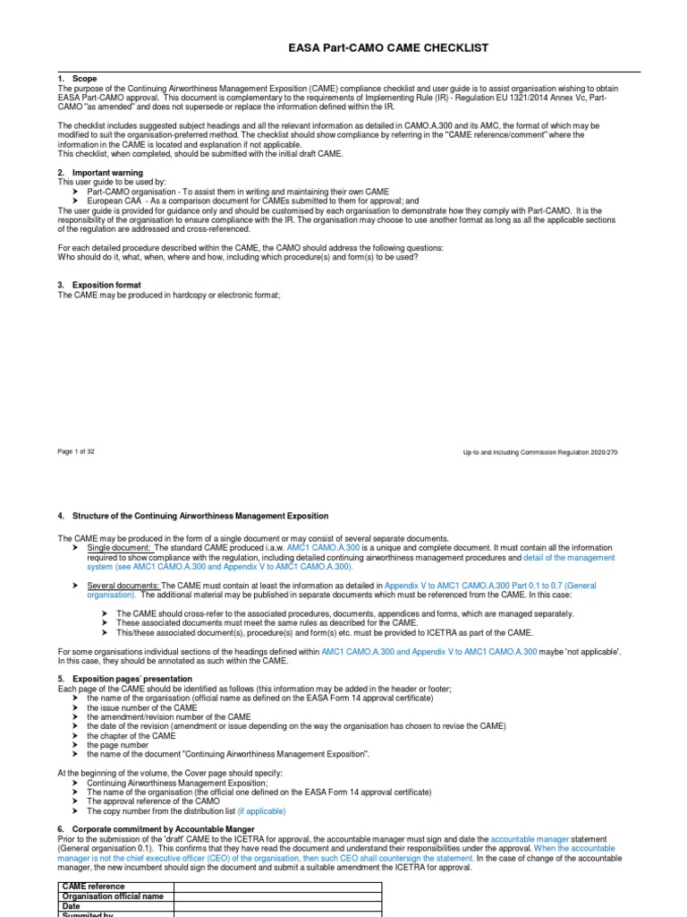 EASA Part-CAMO CAME CHECKLIST | PDF | Regulatory Compliance | Aviation