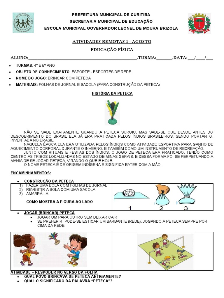 Atividades de Peteca na Educação Infantil | PDF | Esportes e Recreação ...