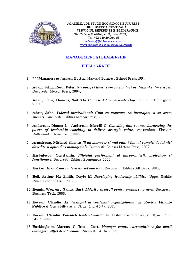 Bibliografie Leadership și Management | PDF