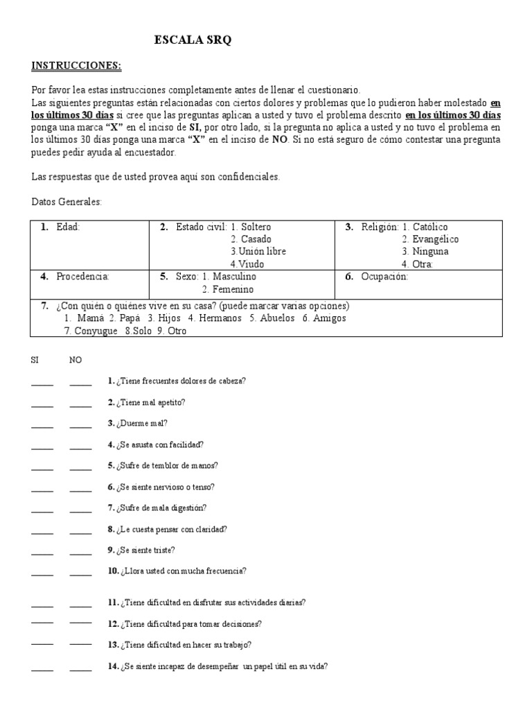 Cuestionario SRQ | PDF