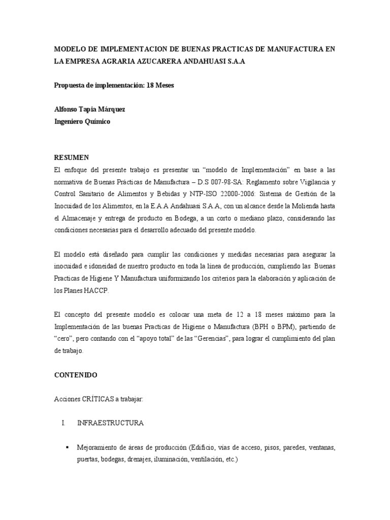 Modelo de Implementacion de Buenas Practicas de Manufactura en La Empresa Agraria Azucarera ...