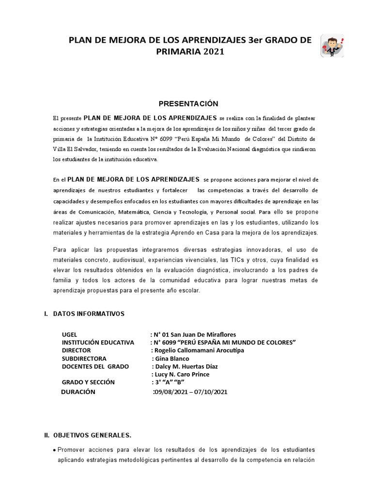 Plan De Mejora De Tercer Grado Pdf Matemáticas Aprendizaje