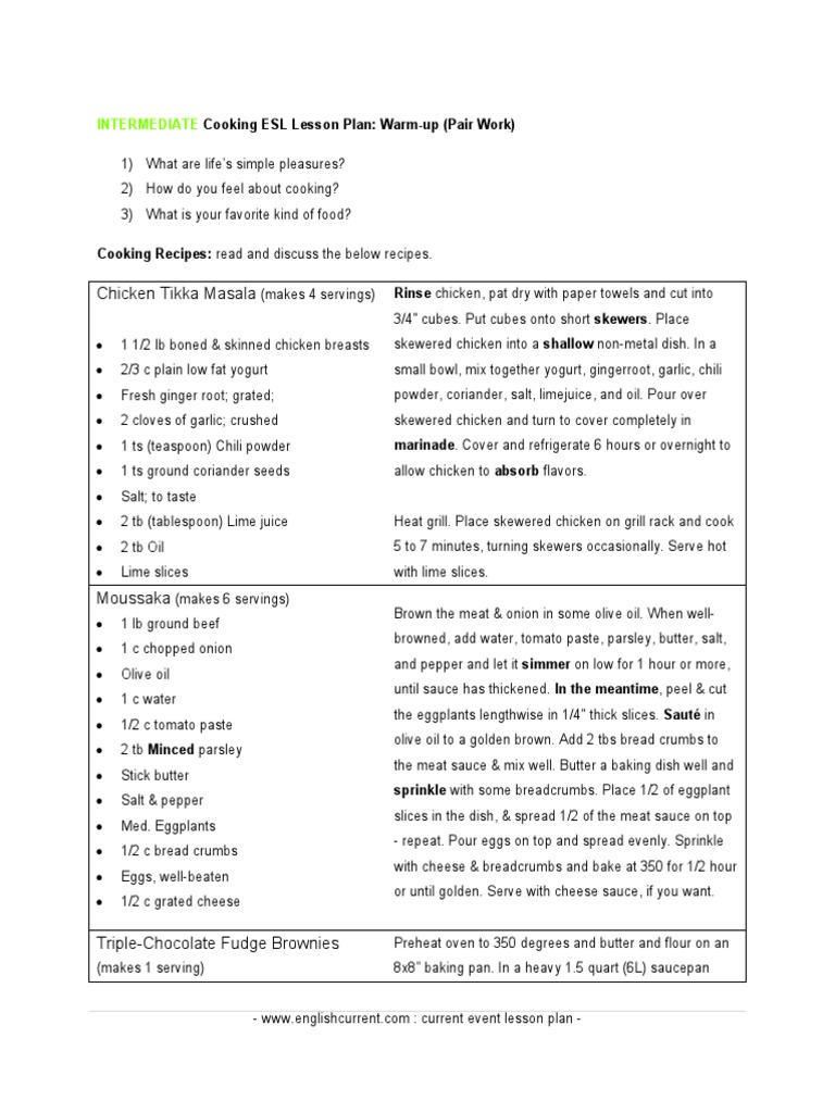 Cooking Lesson Plan Intermediate 03052013 | PDF | Foods | Food And ...
