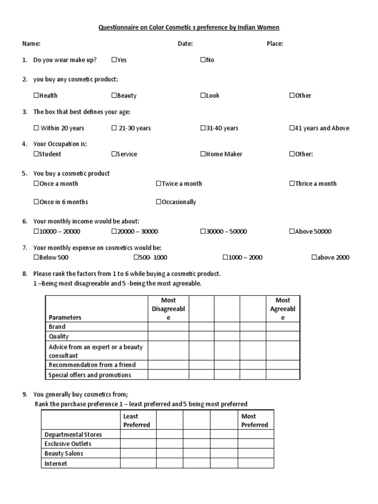 Questionnaire On Cosmetic S Preference by Indian Women 1 | PDF | Brand ...