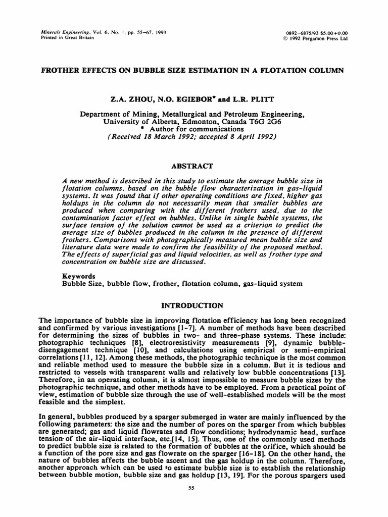 Frother Effects On Bubble Size Estimation In A Flotation Column Pdf Foam Gases
