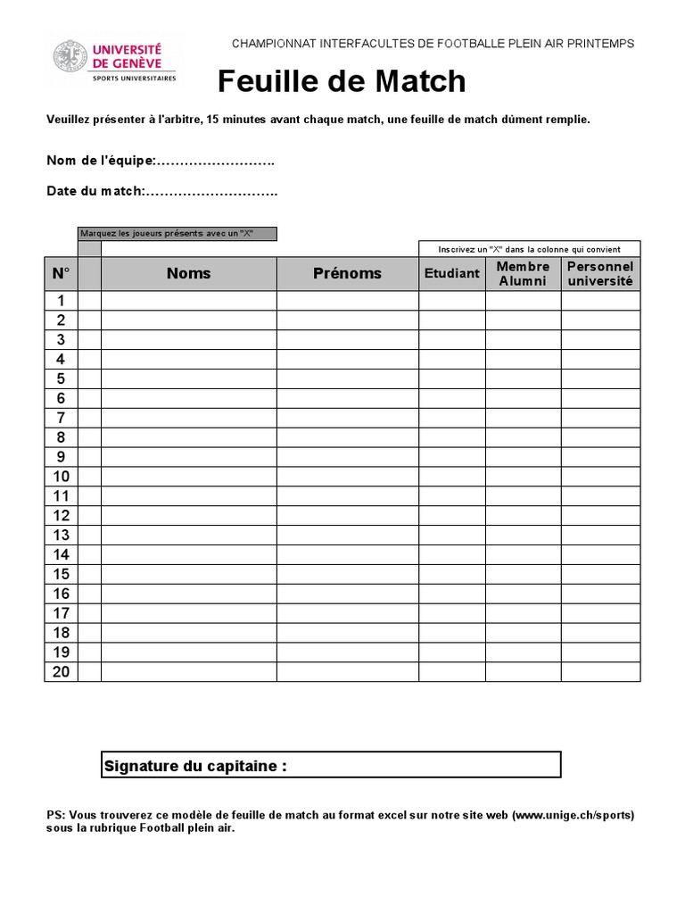 Feuille De Match De Football Modèle Mise à Jour Du Classement