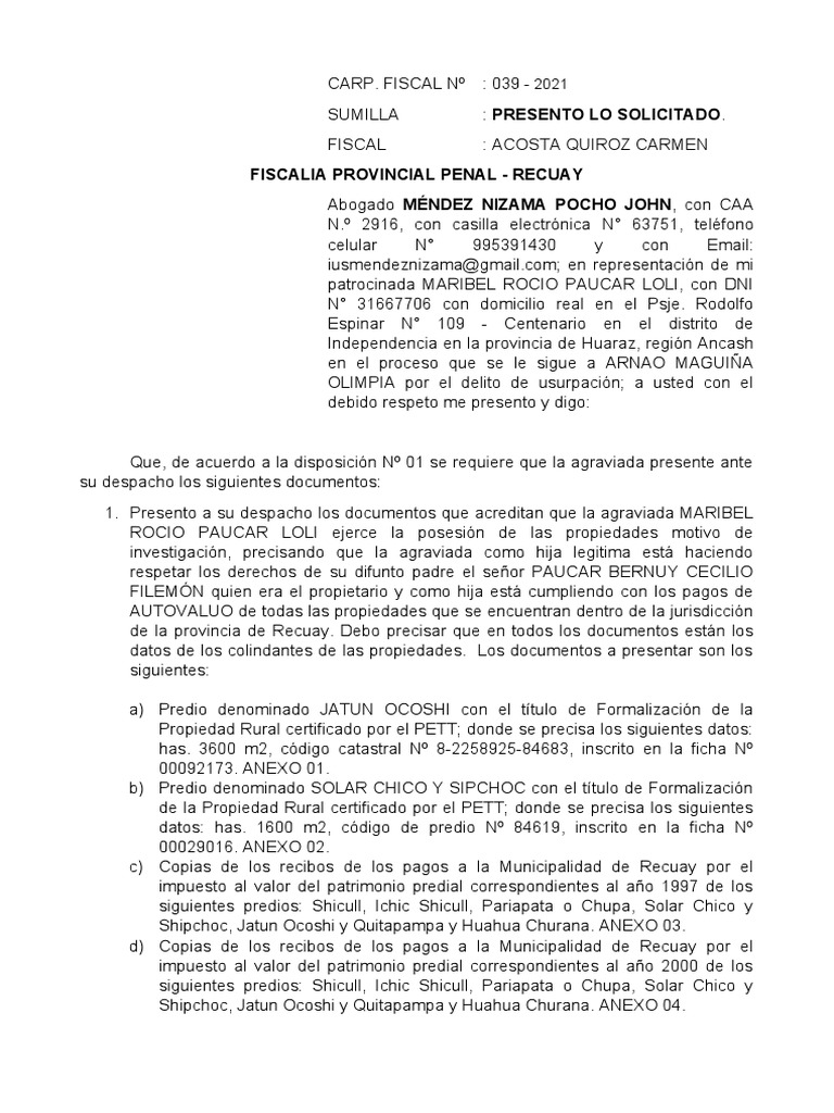 Escrito - 02 - Presenta Documentos Solicitados | PDF