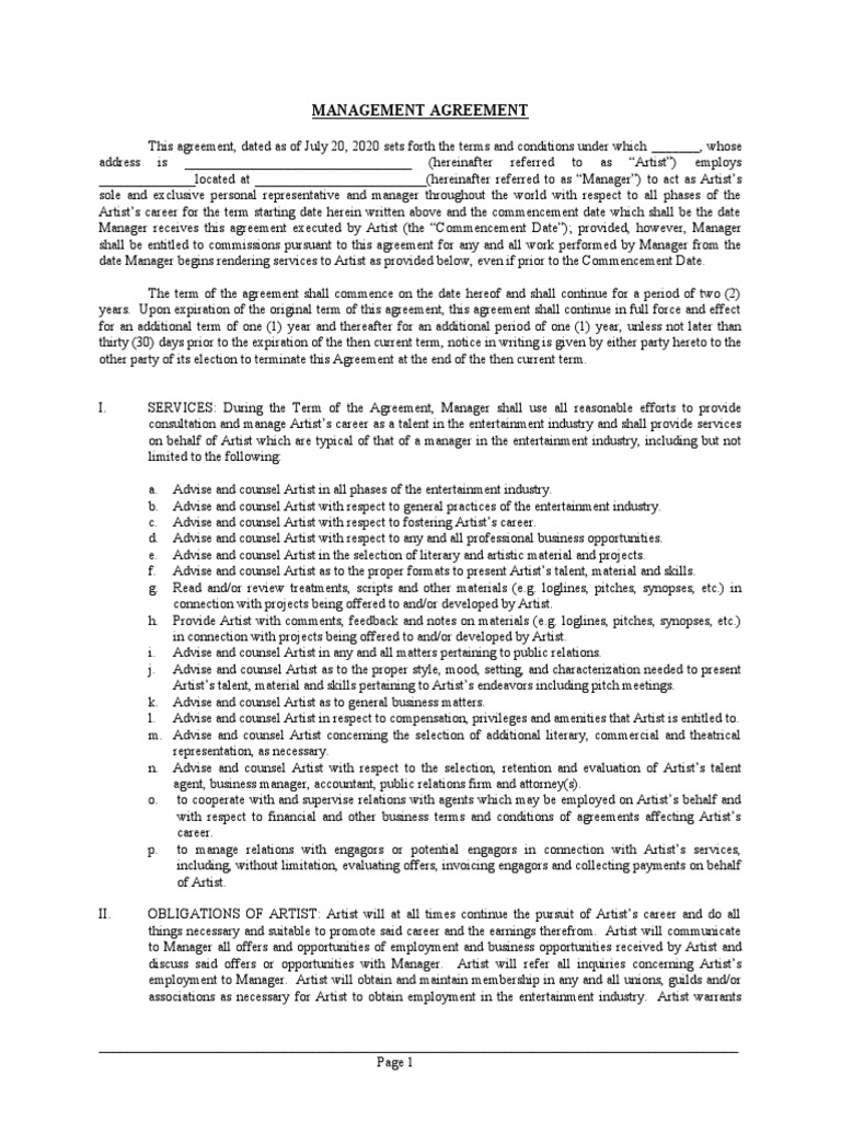 Management Agreement - Template | PDF | Breach Of Contract | Indemnity