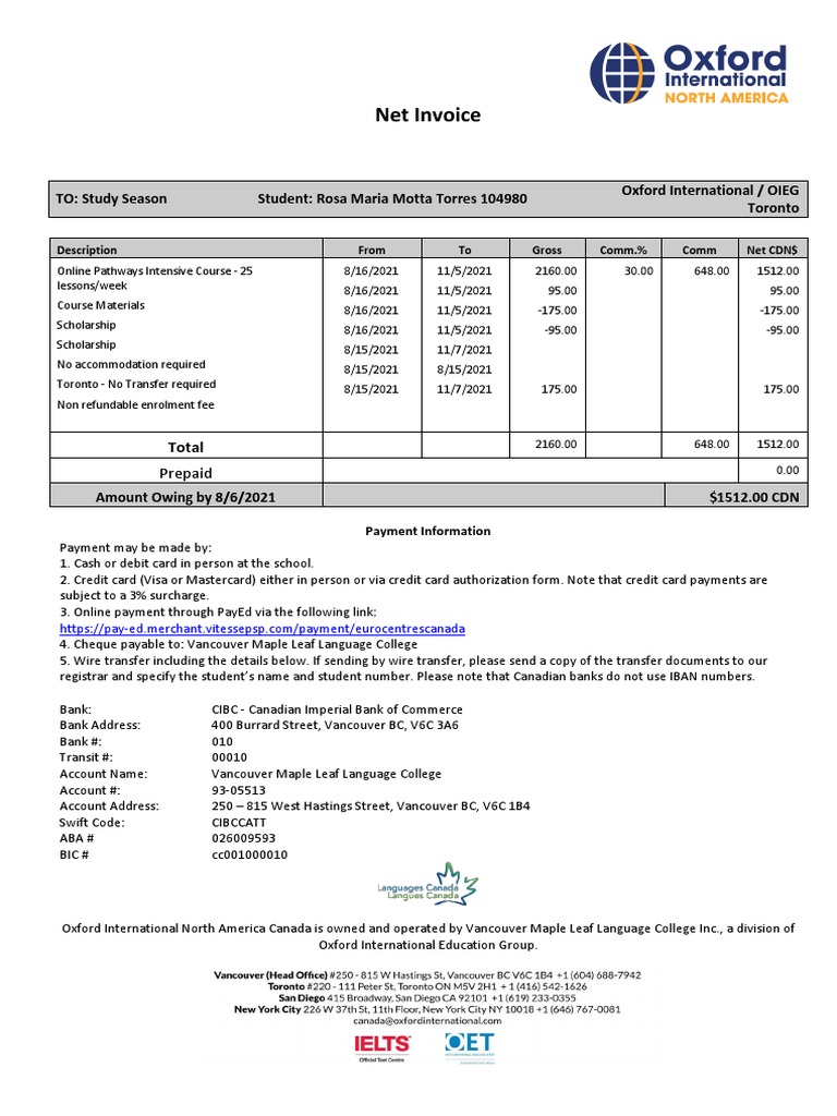 Net Invoice - Rosa Maria Motta Torres | PDF | Payments | Wire Transfer