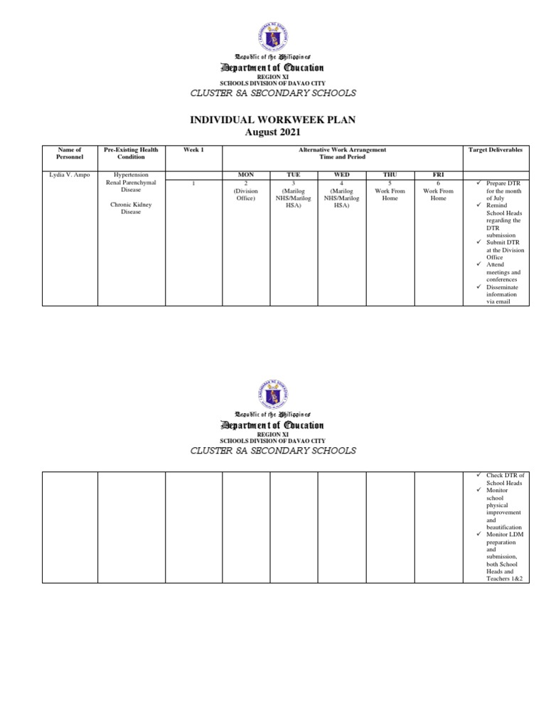 Individual Workweek Plan for August 2021 | PDF | Epidemiology | Internal Medicine
