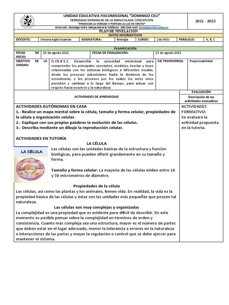 PLANIFICACIÓN BIOLOGÍA SEMANA2 2do BGU | PDF | Biología Celular) | Biología