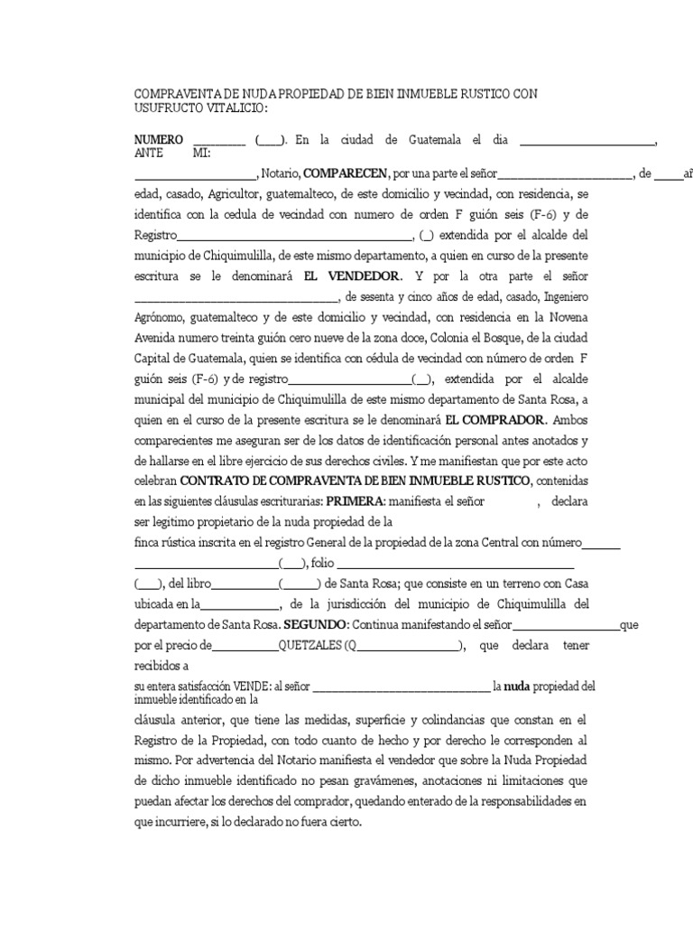 Compraventa de Nuda Propiedad de Bien Inmueble Rustico Con Usufructo Vitalicio | PDF | Justicia ...