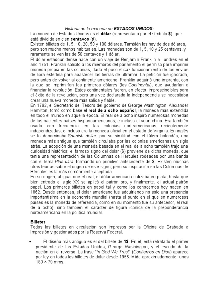 Historia del Dólar Estadounidense | PDF | Dólar de los Estados Unidos ...