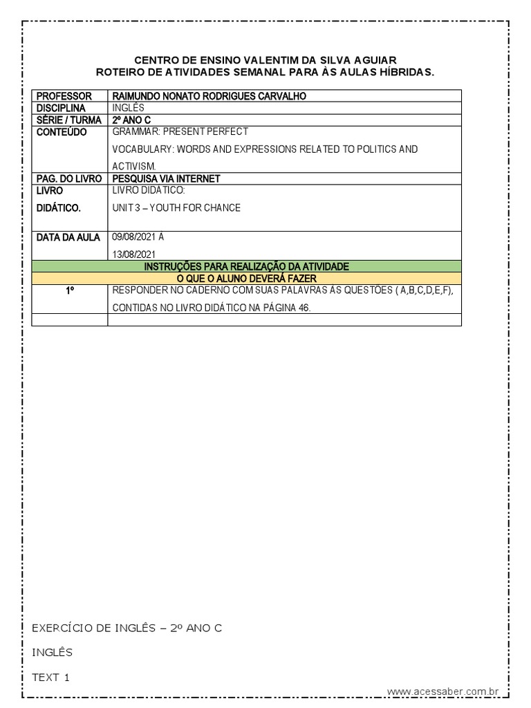 Roteiro de Ativ - Agosto - 2º in | PDF | Tipologia linguística | Gramática