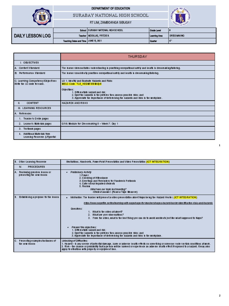 DLL For Dressmaking 8 | PDF | Risk | Hazards