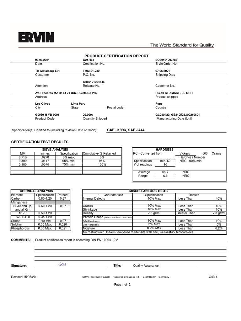 Product Certification Report: Sieve Analysis Hardness | PDF | Hardness ...