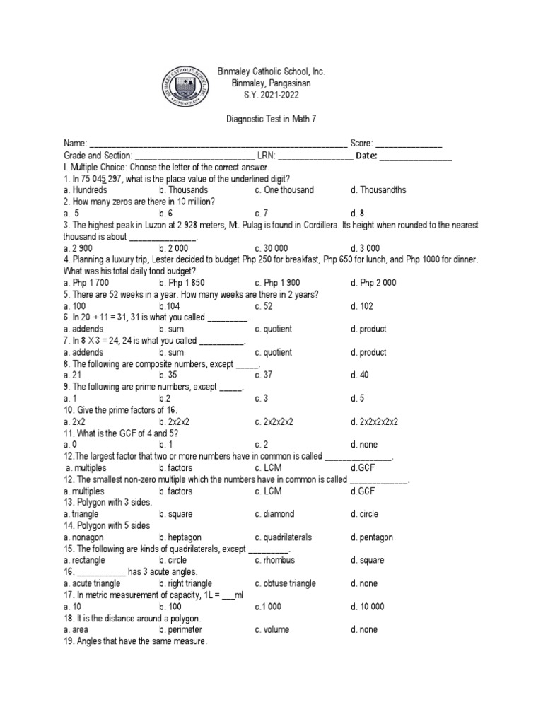 Diagnostic Test | PDF | Elementary Mathematics | Euclidean Plane Geometry