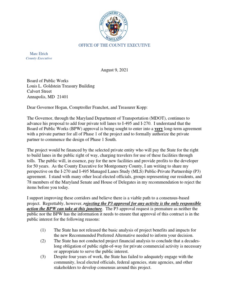 Montgomery County Executive Letter and Attachment To Board of Public ...